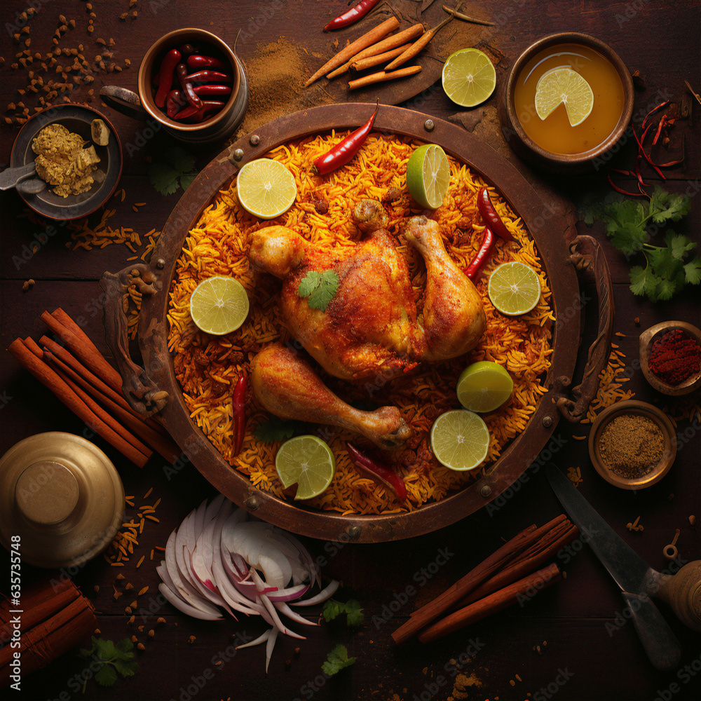 A realistic image of chicken biryani showcased in a majestic way, top ...