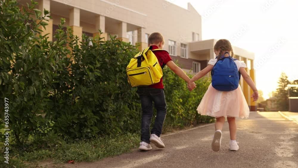elementary school children run road school. happy school life. children ...