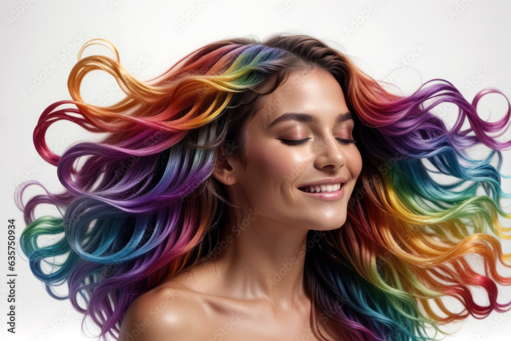 hair styled in cascading waves, each strand dyed in gradient rainbow ...