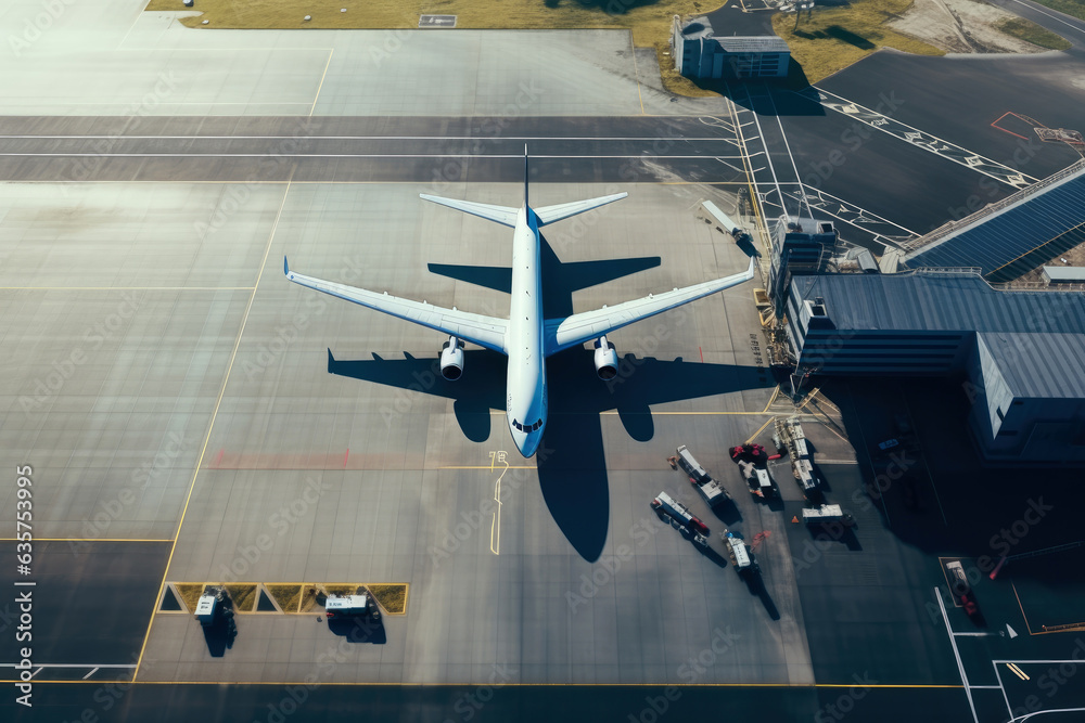 Aerial top view of airport with airplane running on runway for take off ...