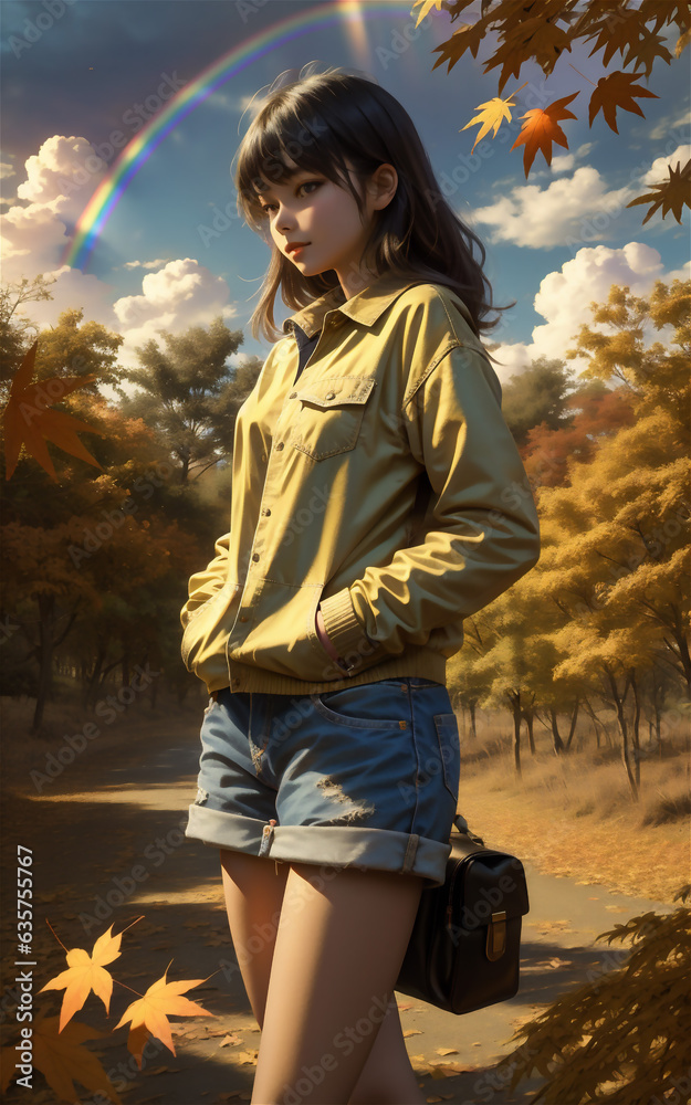 alone beautiful girl watching rainbow digital art, painting, anime, art ...