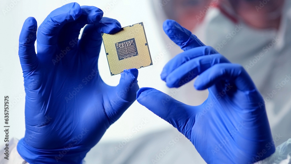 Foto de Engineer man in sterile suit is holding Microchip with symbols ...