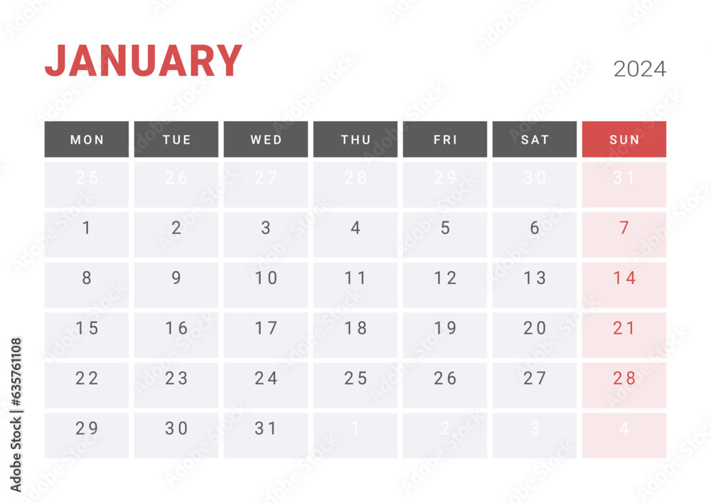 Monthly page Calendar Planner Templates of January 2024. Vector layout ...