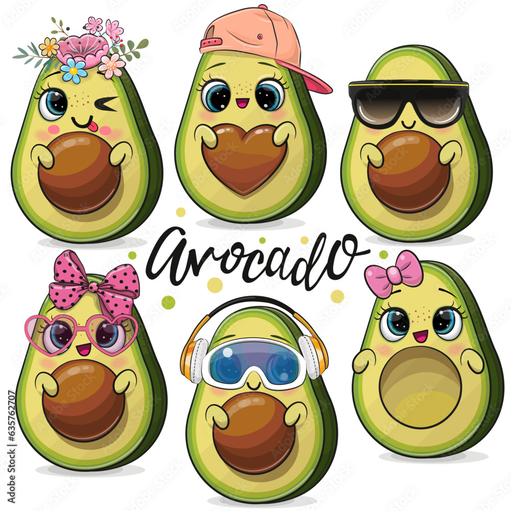 Set of Cute Cartoon Avocados Stock Vector | Adobe Stock
