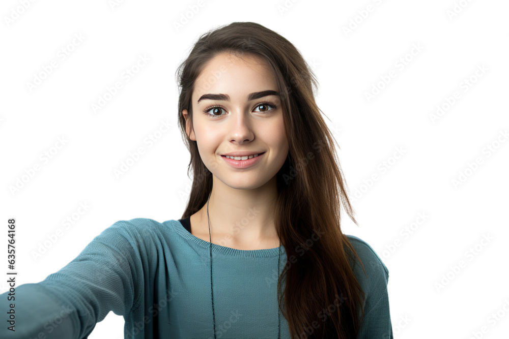Young beautiful girl taking a selfie isolated on transparent background ...