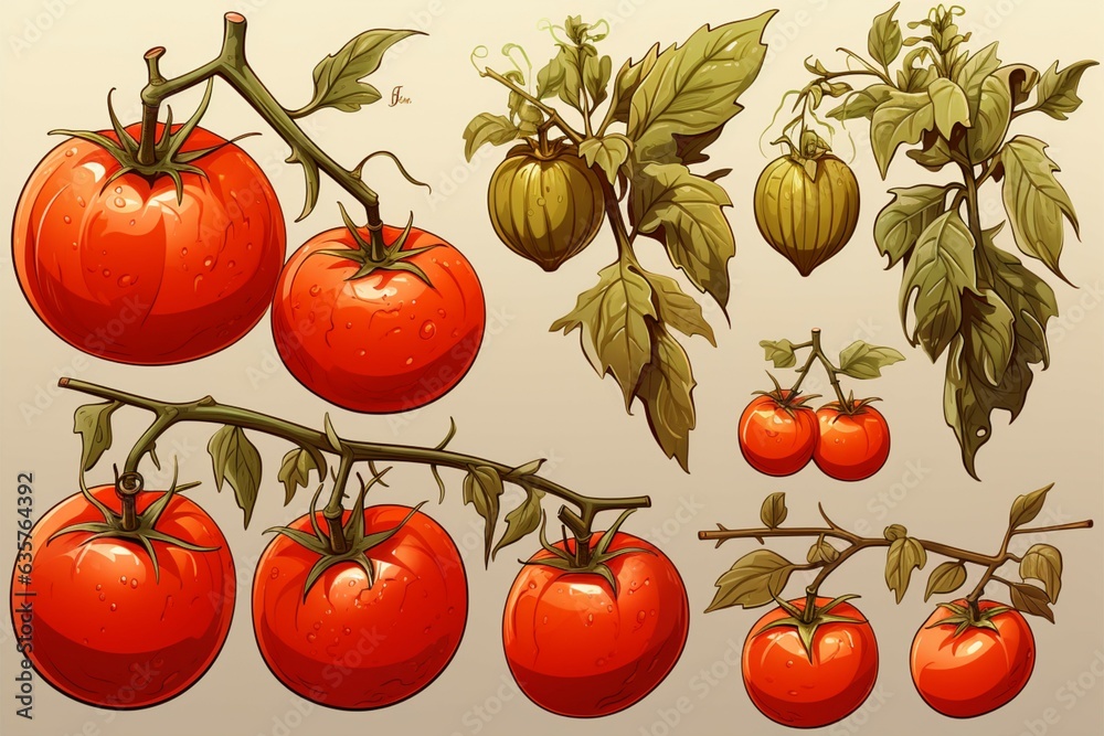 Life stages of tomato plant illustrated, leaves, flowers, fruits in ...