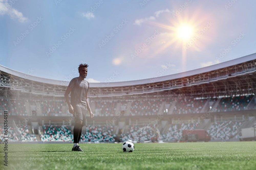 Professional male football, soccer player on stadium background ...