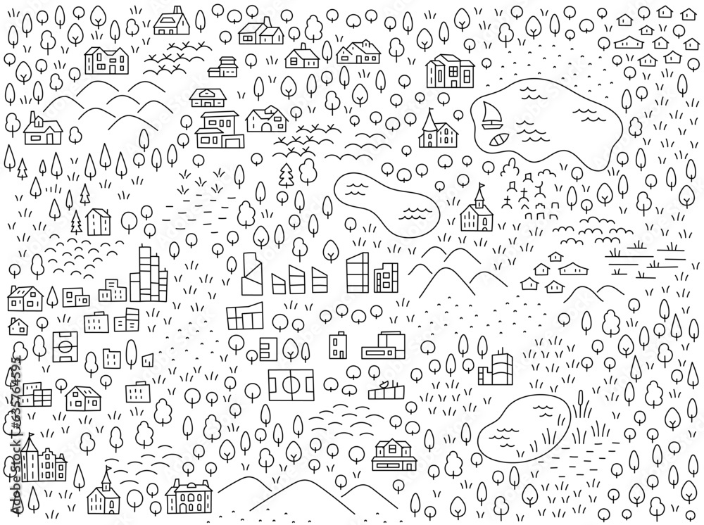 City map. Forest and city. Editable outline. Vector line illustration ...