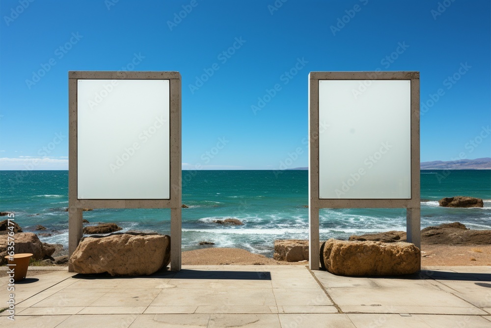 Marine billboard canvas Empty frame set on beach with ocean panorama ...