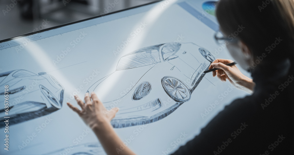 Female Car Designer Using a Digital Tablet to Draw a Prototype Car ...