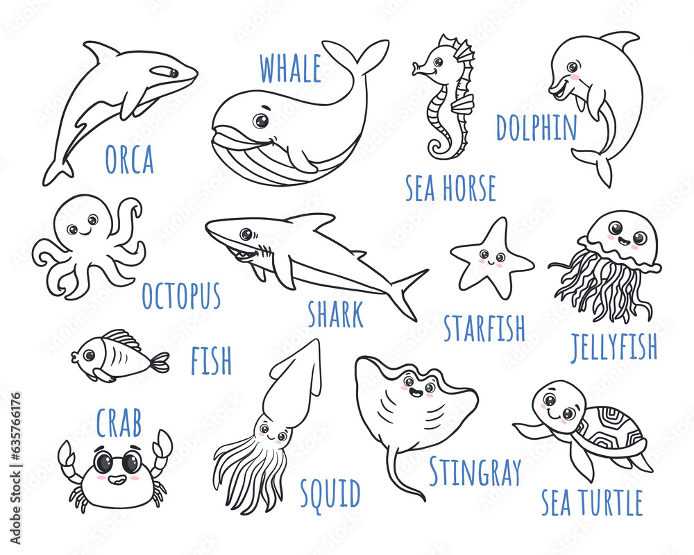 Set of sea animals with titles. Dolphin, octopus, sea horse, sea turtle ...