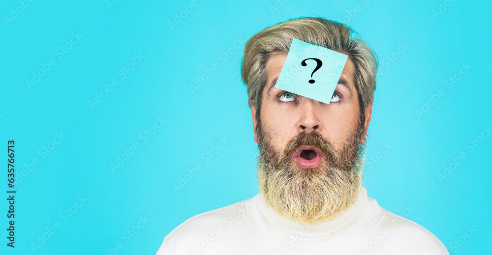 Paper notes with question marks. Beard man question mark in head ...