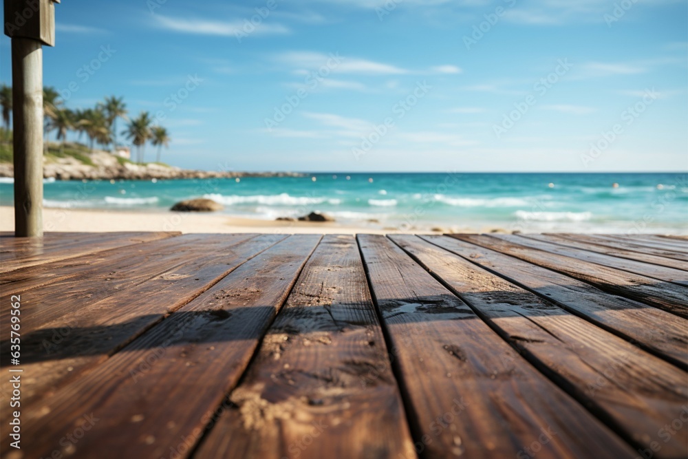 Shoreline stage Blurred beach forms backdrop for wooden decks versatile ...