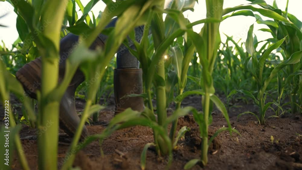 Agriculture. Farmer in rubber boots walk through cornfield. Maize ...