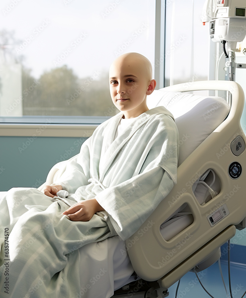 Boy with Cancer in a hospital gown. Bald from Hair loss as a sideeffect ...