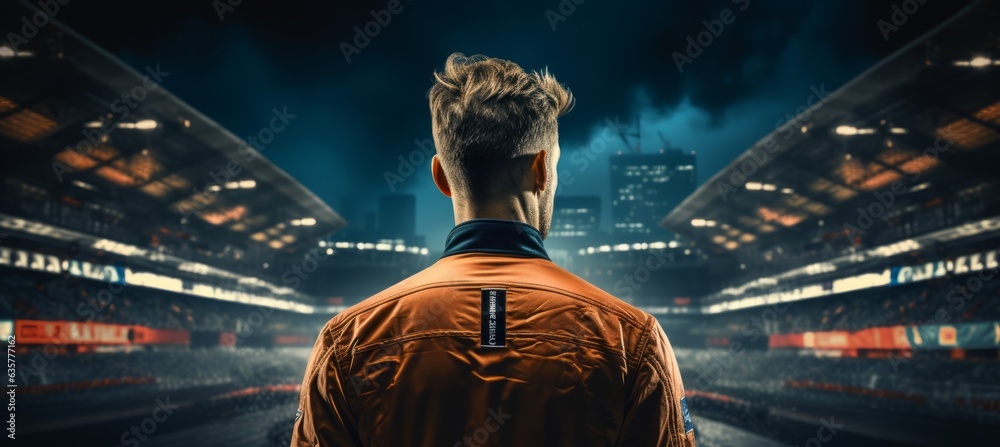 Racing car driver wearing orange uniform at circuit background ...