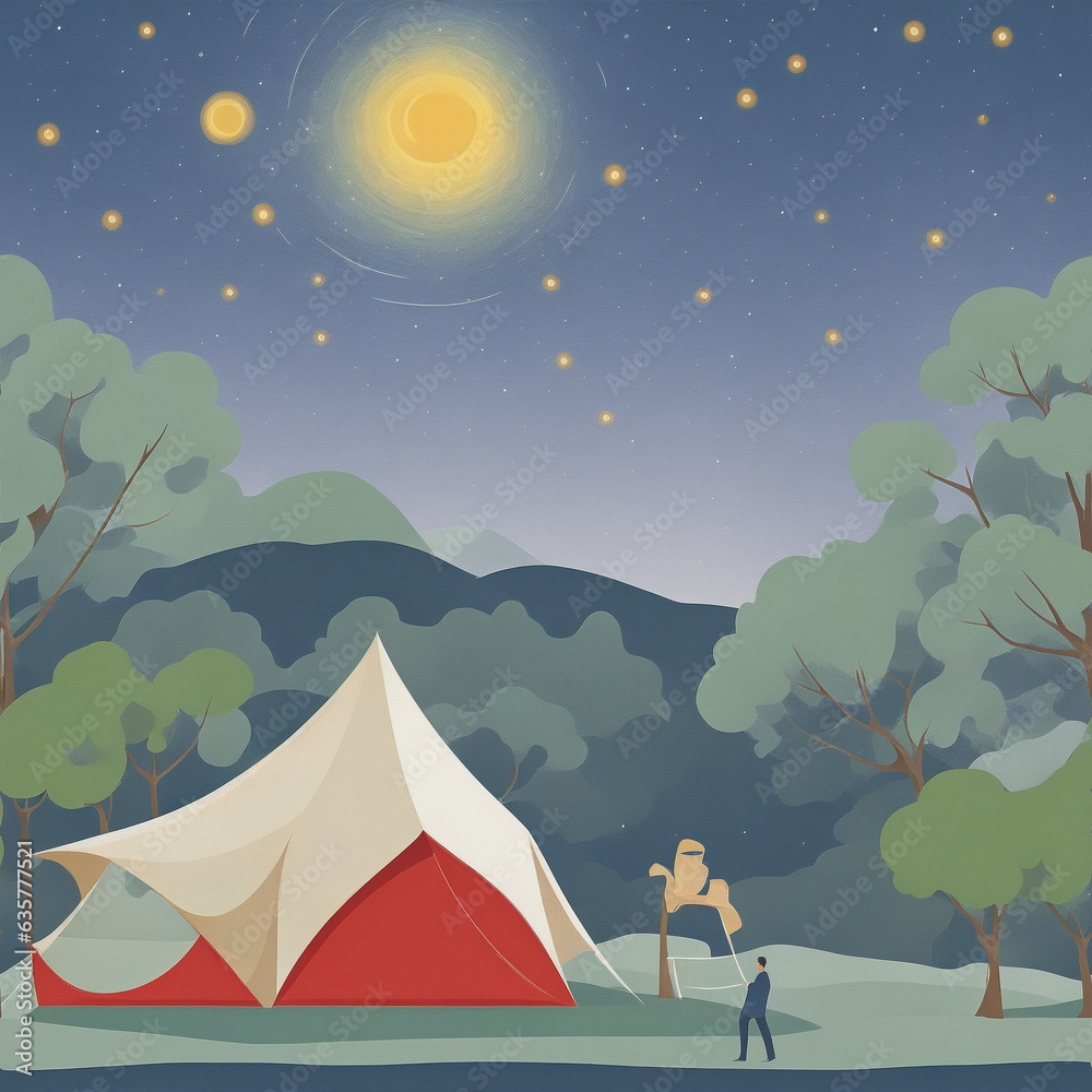 flat 2D vector illustration of a tent in front of an outdoor forest and ...
