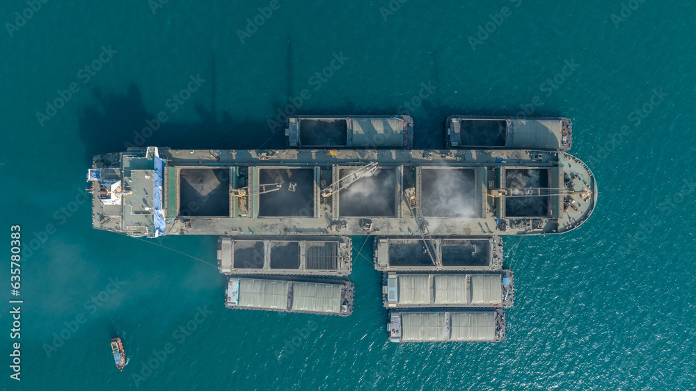 Powder Barge Ship load cement powder to large cargo ship in the Ocean ...