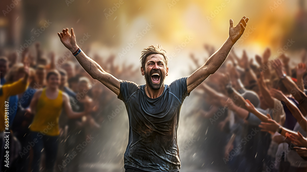 Determined white male marathon runner crossing the finish line cheering ...