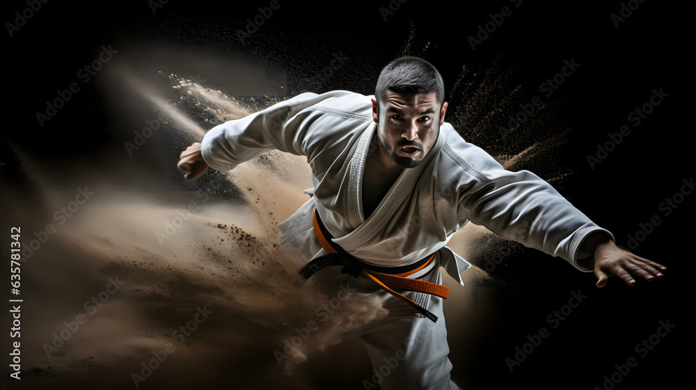 Fierce male judoka executing powerful throw in a judo match in a ...
