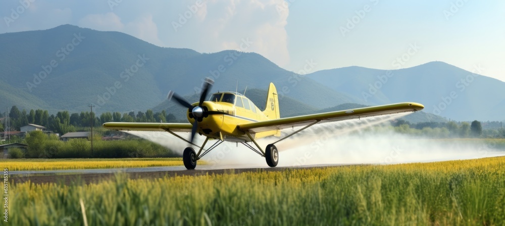Propeller crop duster spraying pesticide. Generative AI technology ...