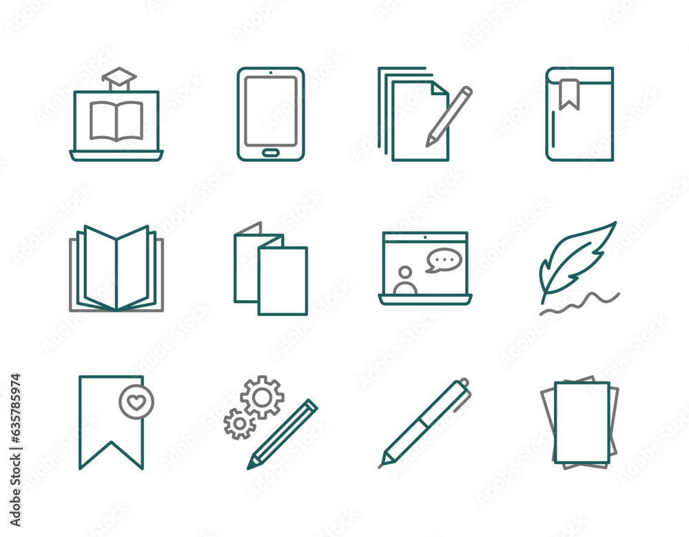 Studies and learning flat line icons set. Stationery tools, bookmark ...