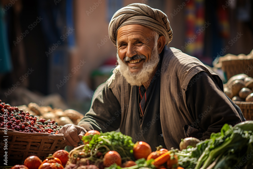 An elderly man wearing old clothes and turban smiling while selling ...