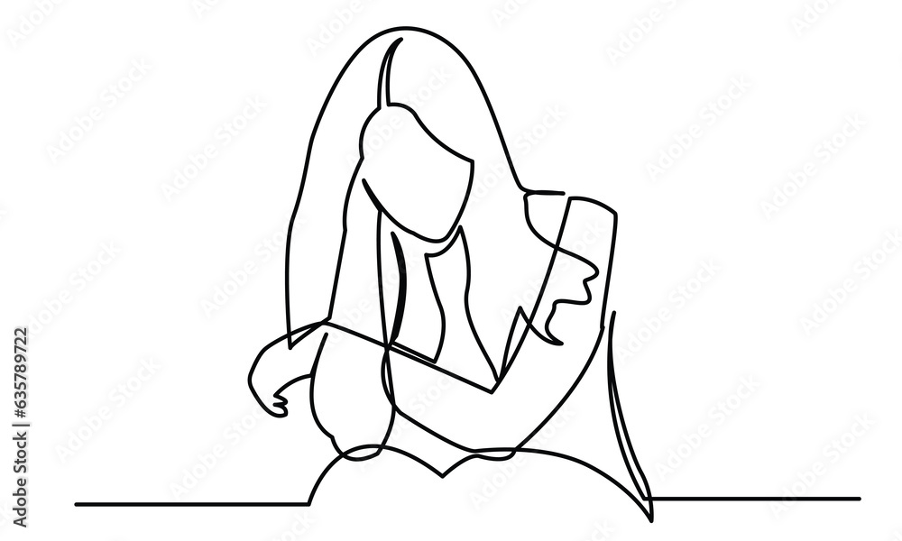 Continuous line drawings of a young woman's sad emotional shock, loss ...
