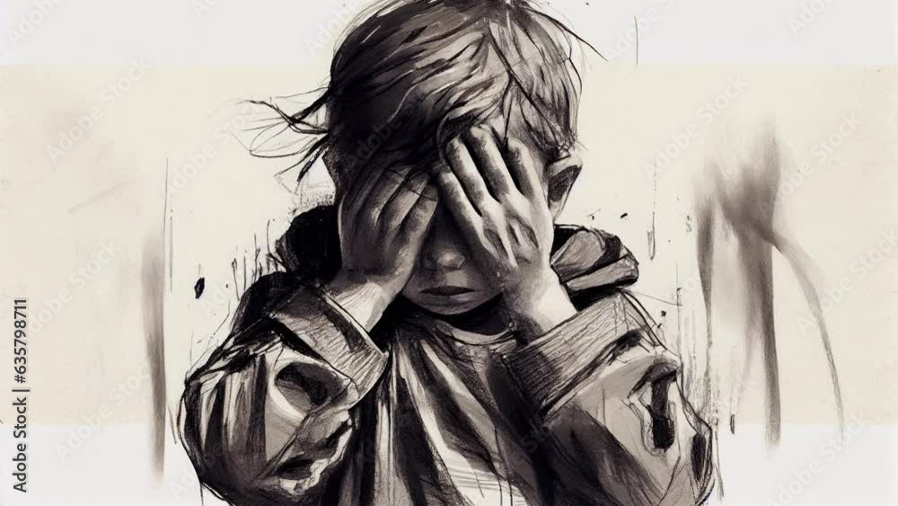 boy covering his face because of anxiety and sadness. hand drawn ...