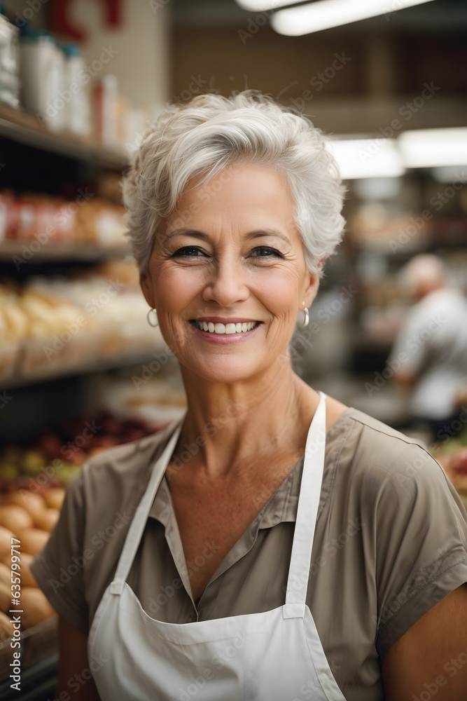 A 60 years old woman store worker smiles. White short hairs. Retail ...