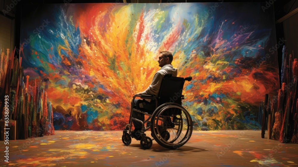 A disabled artist in a wheelchair in an art studio draws a picture with ...