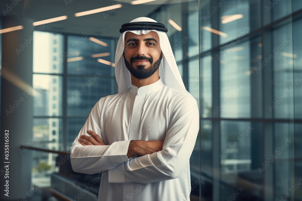 Young handsome Emirati business man in UAE traditional outfit standing ...