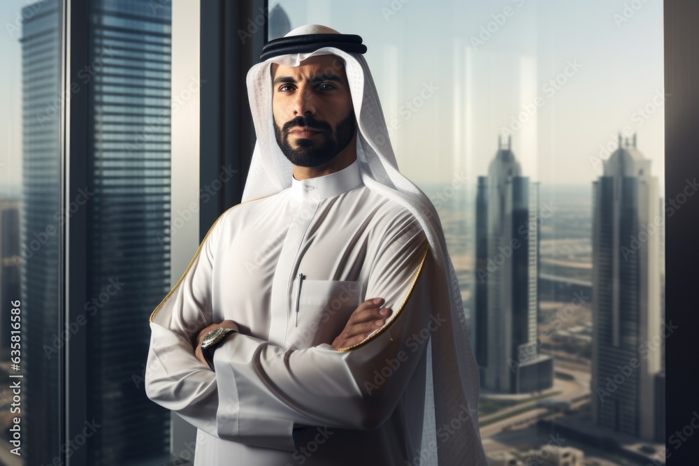 Young handsome Emirati business man in UAE traditional outfit standing ...