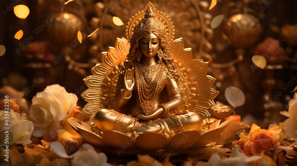 A shimmering gold idol of Goddess Lakshmi as the focal point of the ...