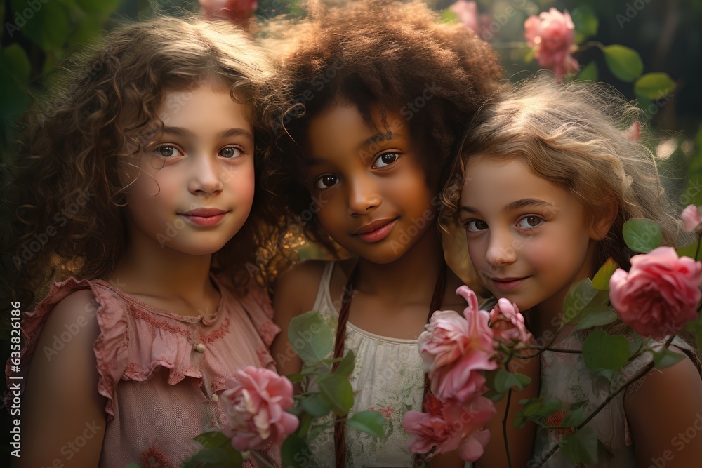 Three adorable little girls posing with flowers. A fictional character ...