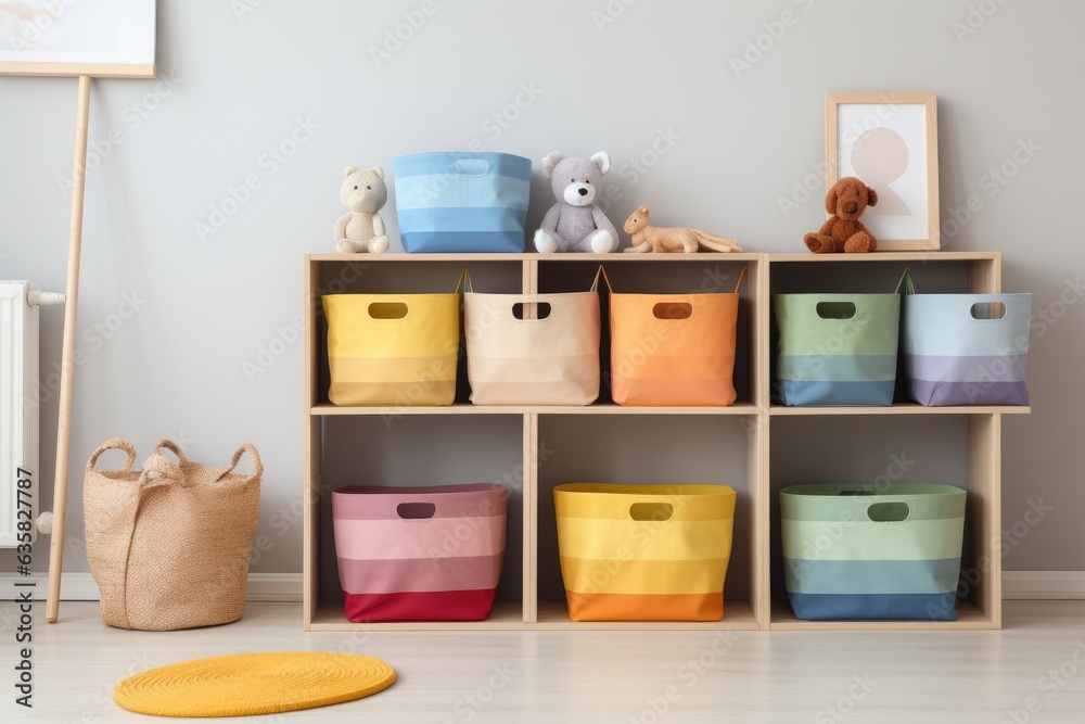 Childrens room with colorful toy storage baskets, stylish cloth baskets ...