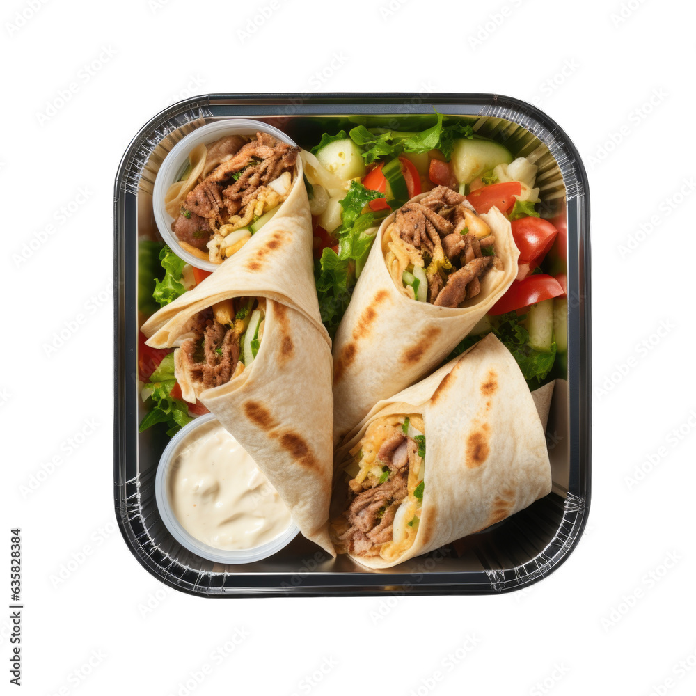 Mini shawarma wraps in a lunchbox top view isolated on transparent ...