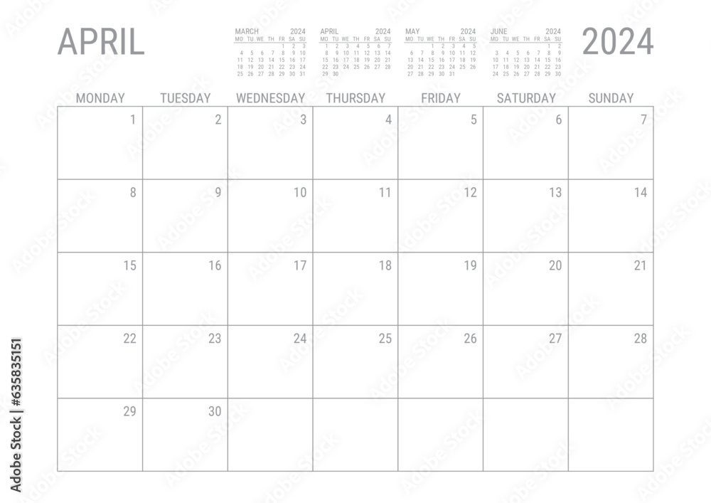 April Calendar 2024 Monthly Planner Printable A4 Monday Start Stock ...