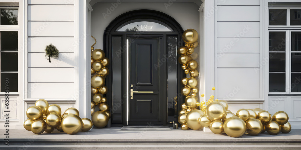Arch of balloons with flowers.Decorated entrance door Exterior facade ...