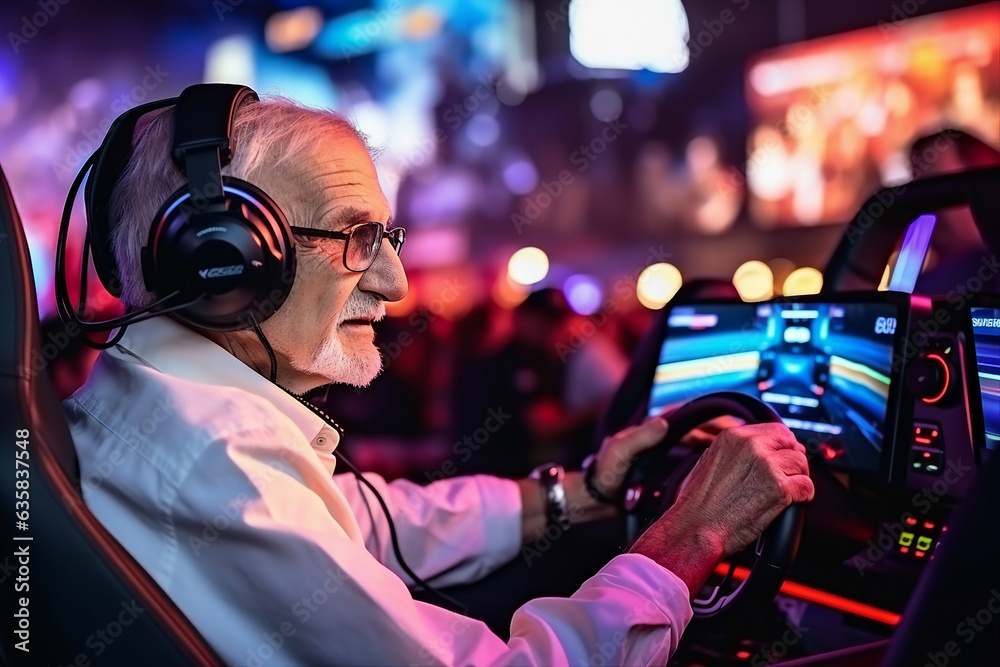 Generative ai photo collage of professional aged person gamer playing ...