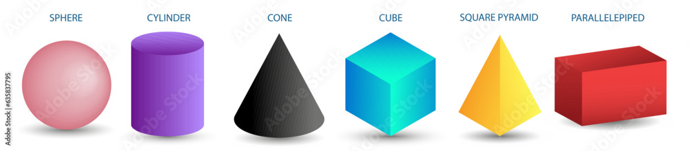 Set of 3d geometric shapes. Isometric views of sphere, cylinder, cone ...