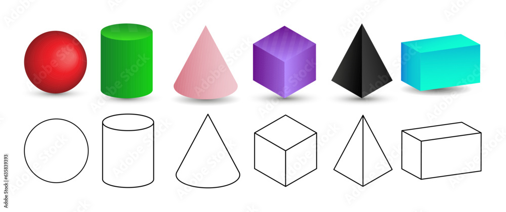 Set of 3d geometric shapes. Isometric views of sphere, cylinder, cone ...