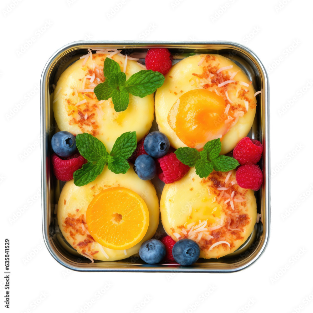 Mini cheesecakes in a lunchbox top view isolated on transparent ...