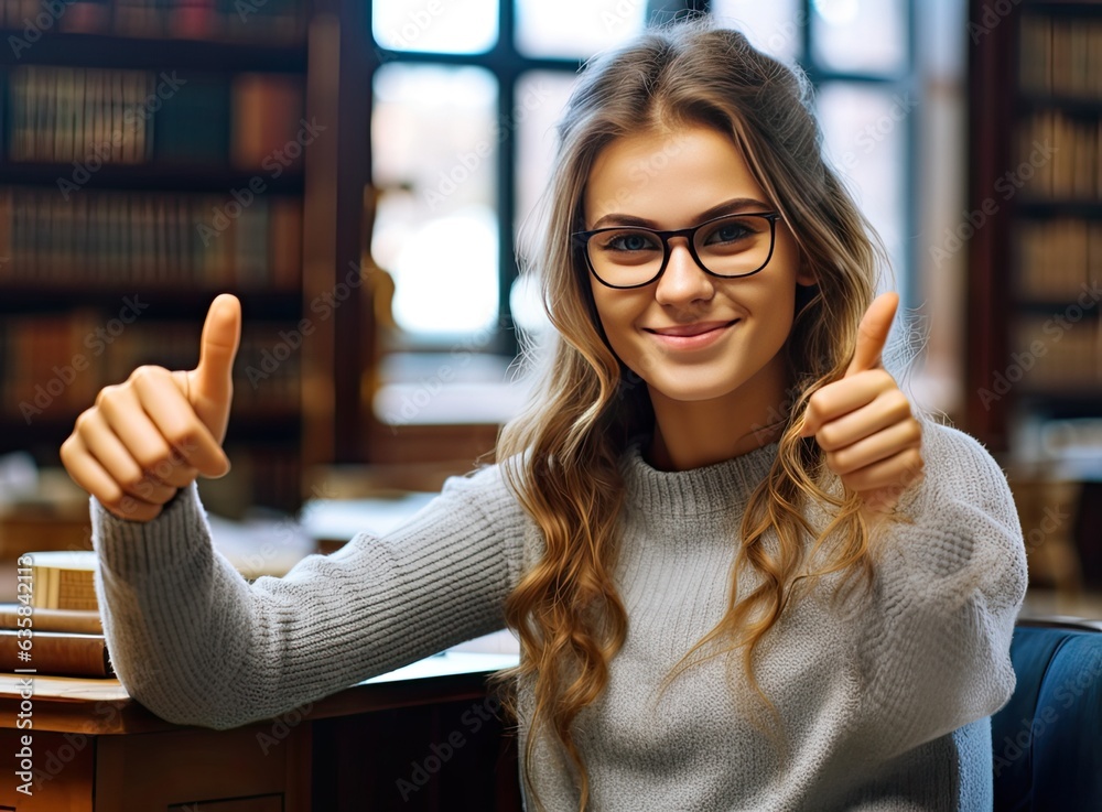 Attractive student girl standing in library showing thumbs up, enjoy ...