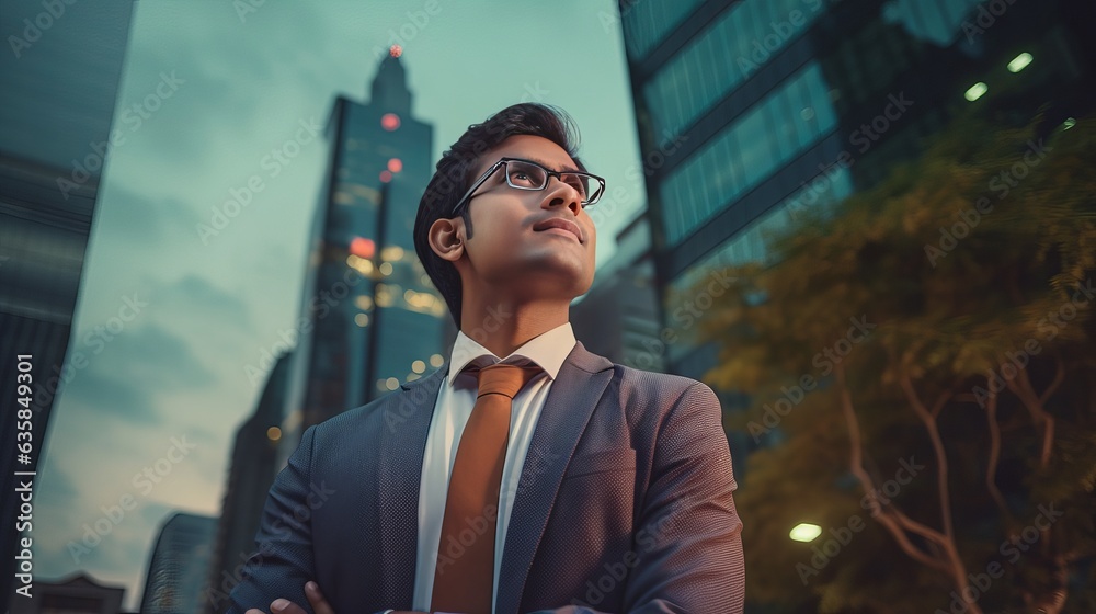 Confident rich eastern indian business man executive standing in modern ...