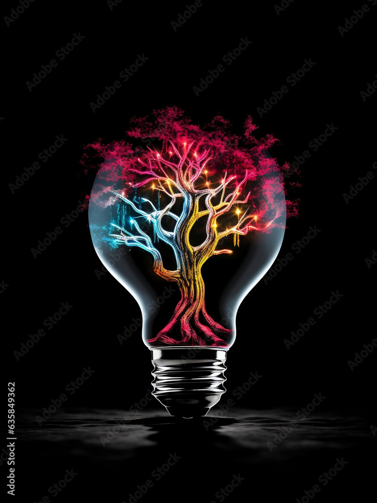 Light bulb with filament turning into tree in art symbolic style. AI ...