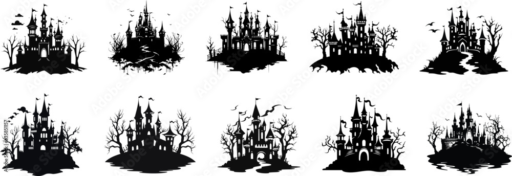 halloween haunted house church and other buildings isolated on white ...