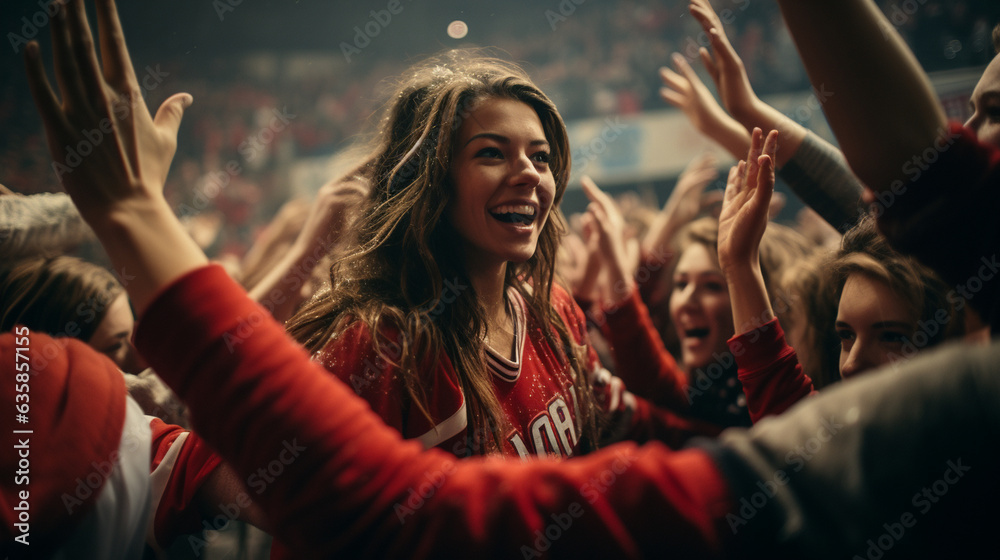 A shot of a female fan sharing high-fives and hugs with fellow ...