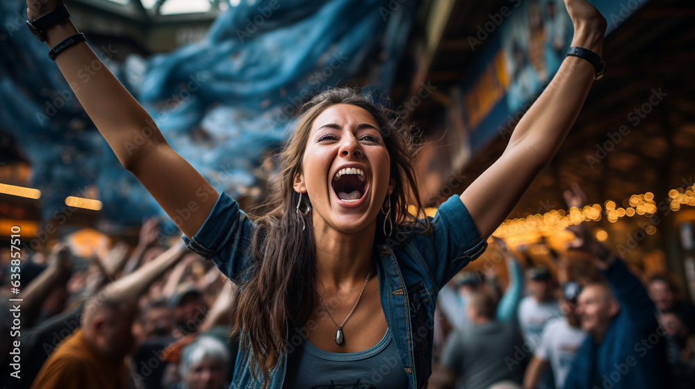 An image of a female fan jumping and celebrating with a group of fellow ...