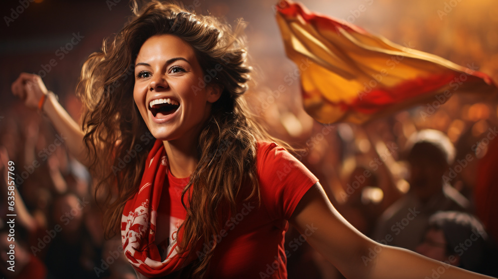 A portrait of a female fan wearing a jersey and holding a banner with ...